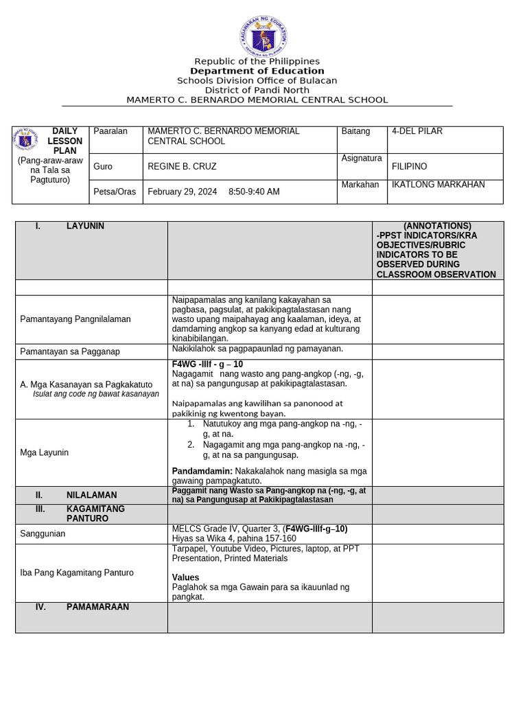 3RD COT - FILIPINO 4 - February 29 2024 | PDF