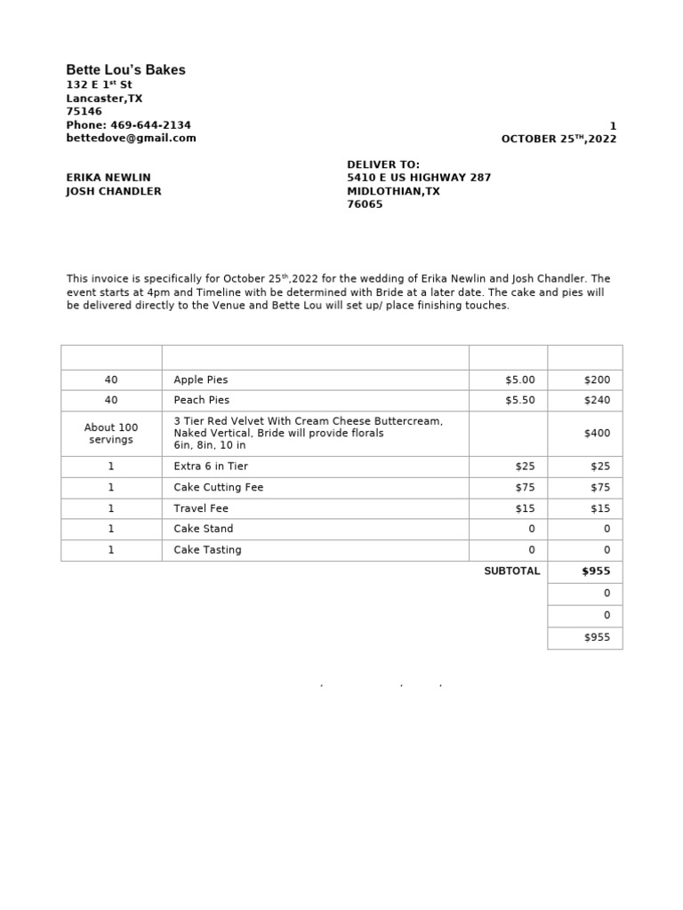 Erika and Josh Wedding Invoice | PDF | Wedding