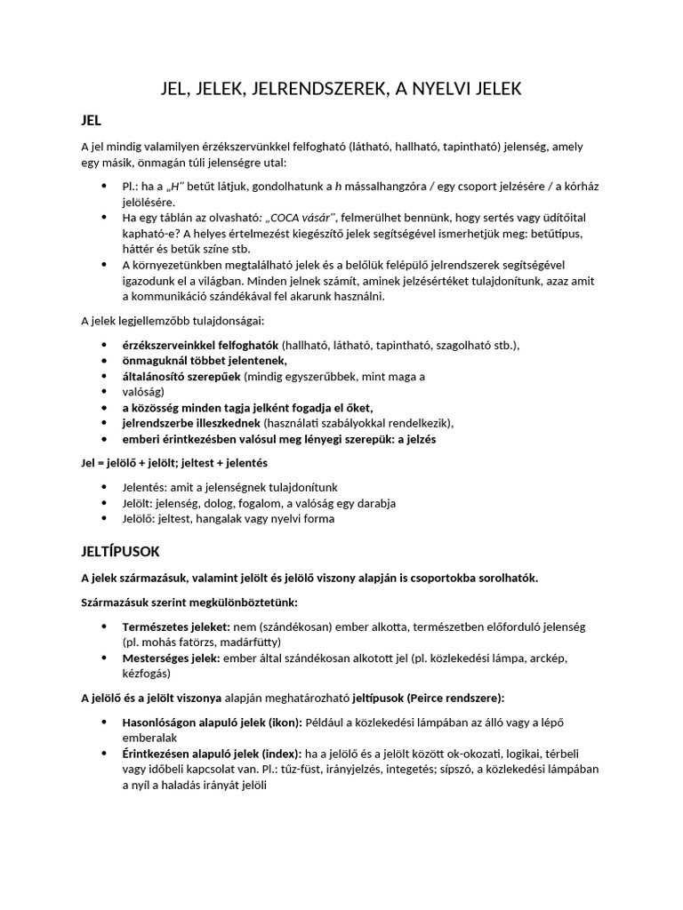 Jel, Jelek, Jelrendszerek, A Nyelvi Jelek | PDF