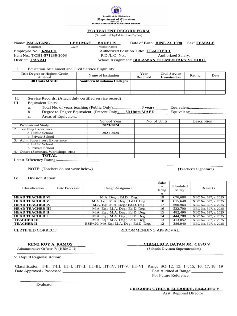 Equivalent Record Form (NBC 597) | PDF