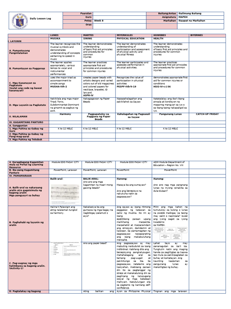 DLL WEEK 8-Q4 MAPEH 5 | PDF