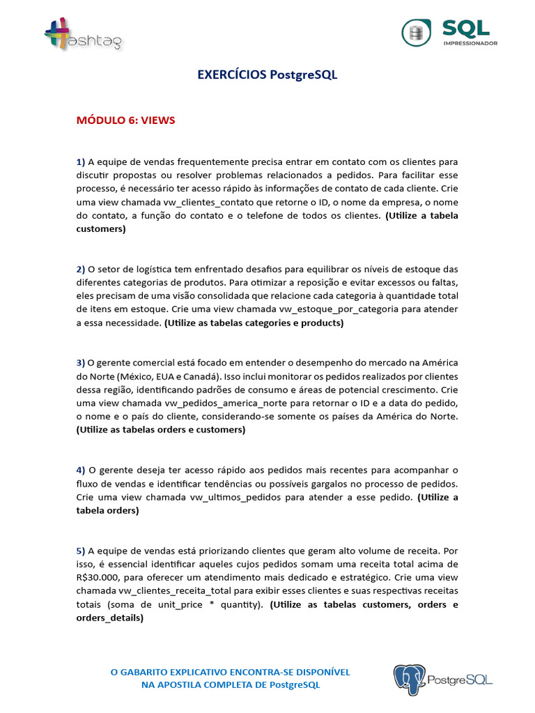 EXERCICIOS POSTGRESQL - MODULO 6 - VIEWS | PDF | Business | Economias