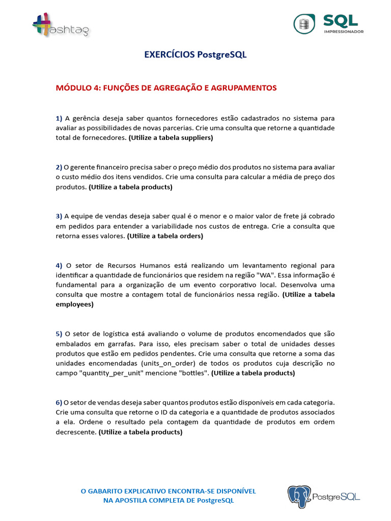 Exercicios Postgresql - Modulo 4 - Funcoes de Agregacao e Agrupamentos | PDF | Custo | Economias
