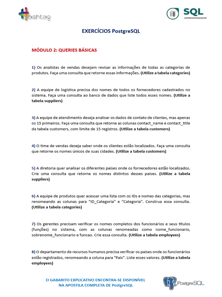 Exercicios Postgresql - Modulo 2 - Queries Basicas | PDF