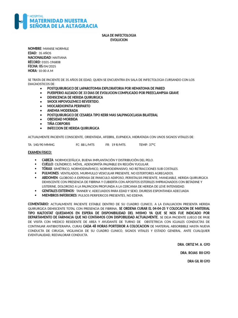 EVOLUCION 05-04-25 MANISE | PDF | Especialidades Medicas | Enfermedades y trastornos