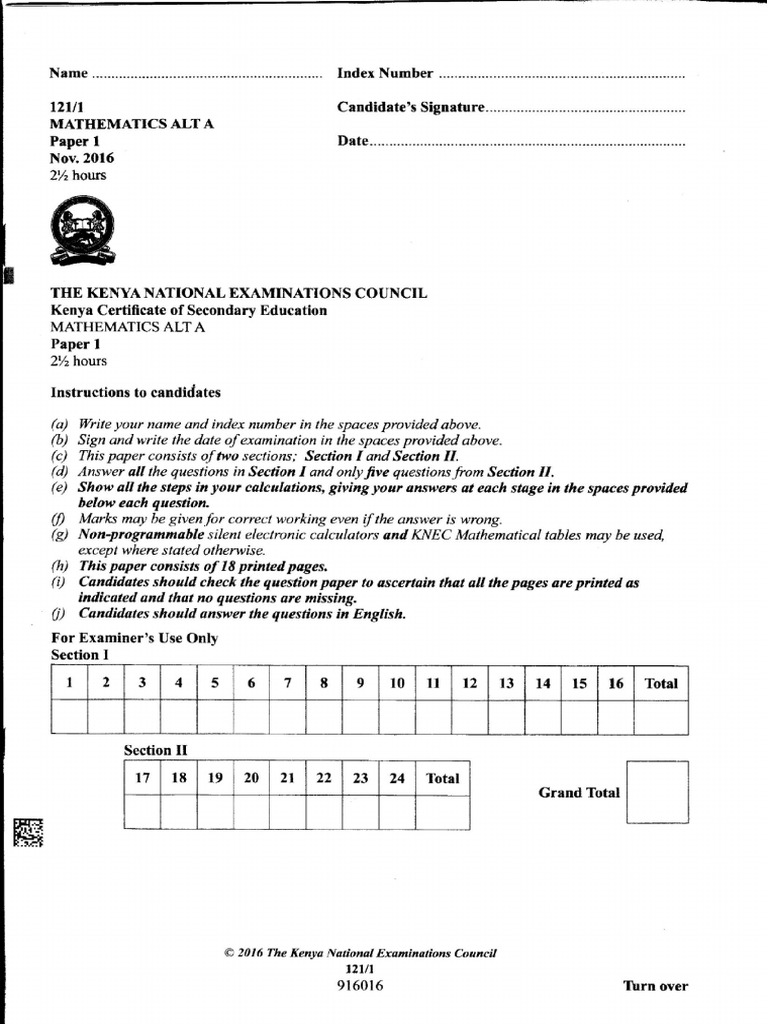 2016 Kcse Mathematics Alt A Pp1 QP | PDF