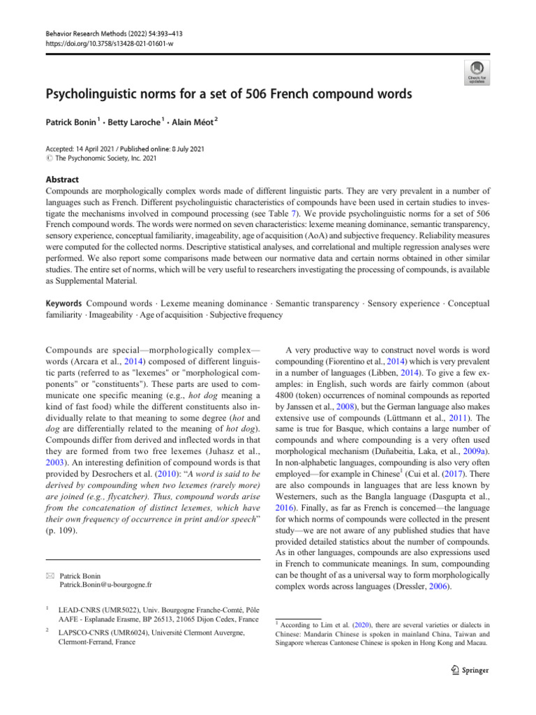 Psycholinguistic Norms for French Compounds | PDF | Word | Principal ...