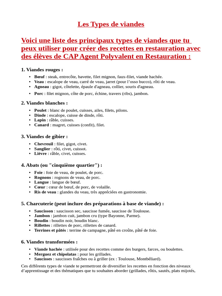 Liste des types de viandes en cuisine | PDF