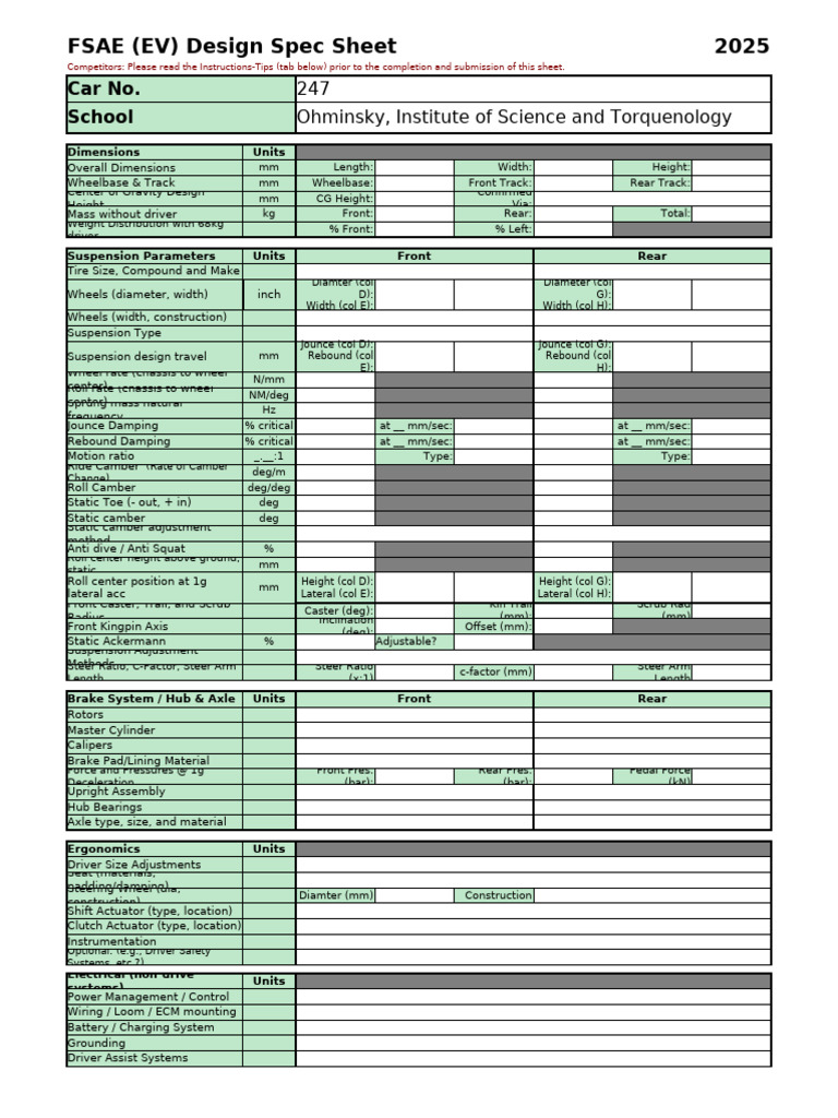 2025 FSAE Design EV Spec Sheet Template | PDF | Transportation ...