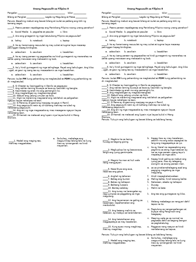 Pagsusulit Sa Filipino 8 Q1 KARUNUNGANG BAYAN | PDF