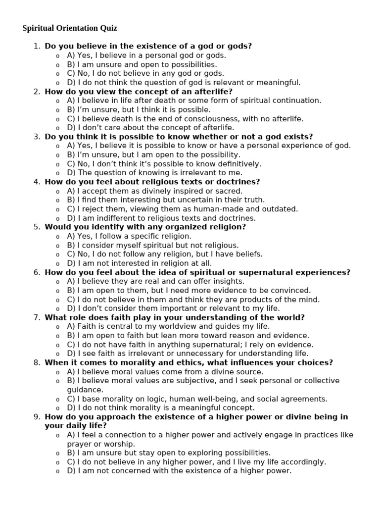 Spiritual Orientation Assessment Quiz | PDF | Atheism | Faith