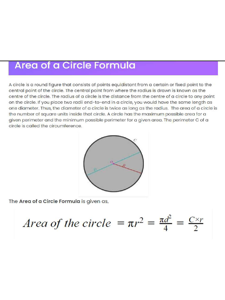 Area of A Circle Formula | PDF