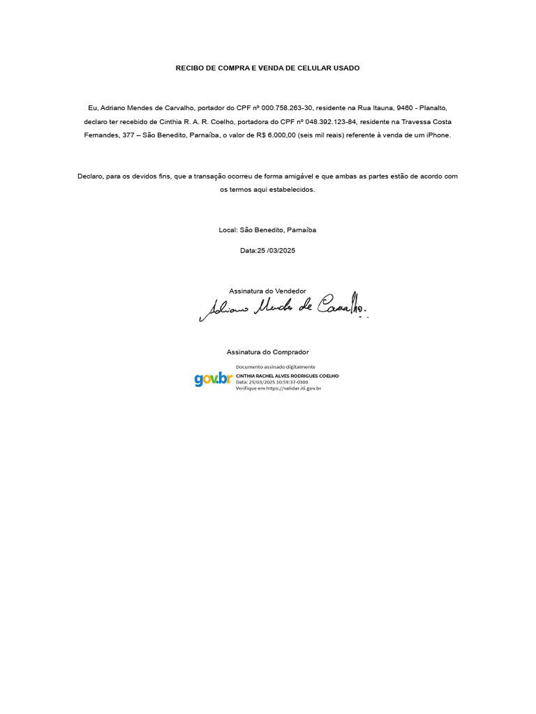 RECIBO_DE_COMPRA_E_VENDA_DE_CELULAR_USADO_assinado 2 | PDF