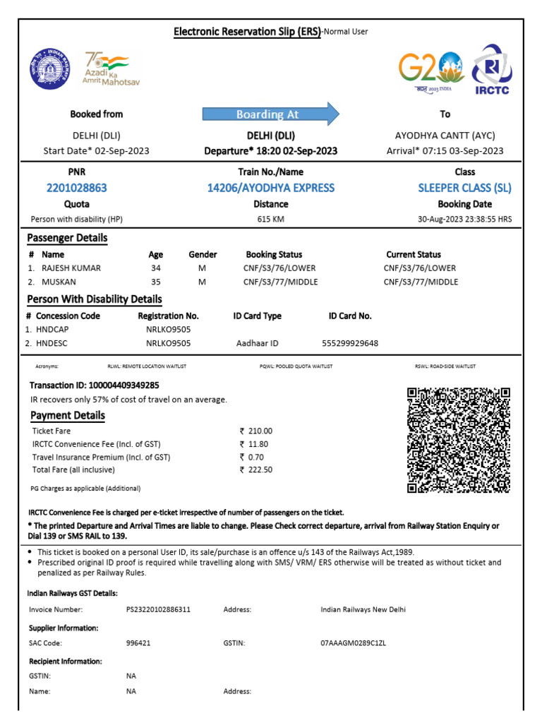 14206/ayodhya Express Sleeper Class (SL) | PDF | Identity Document ...
