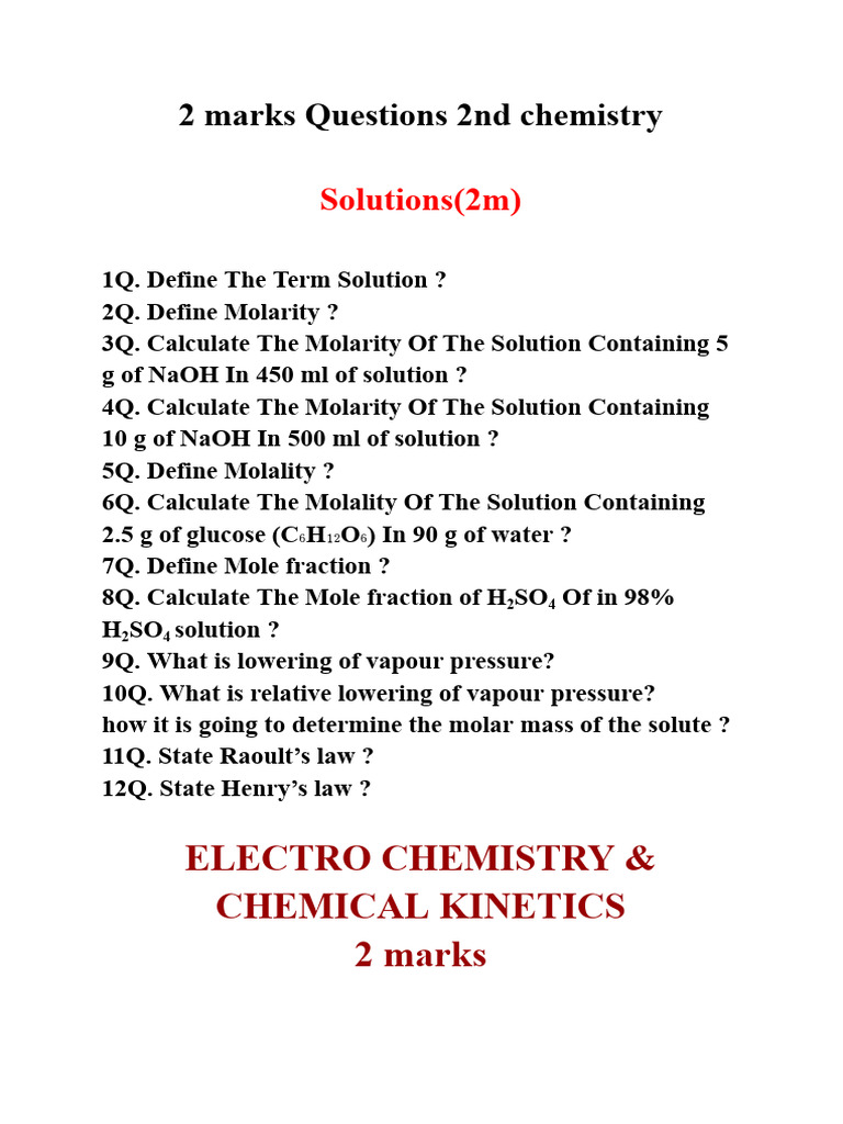 All imp 2 marks Questions 2nd chemistry | PDF | Chlorine | Materials
