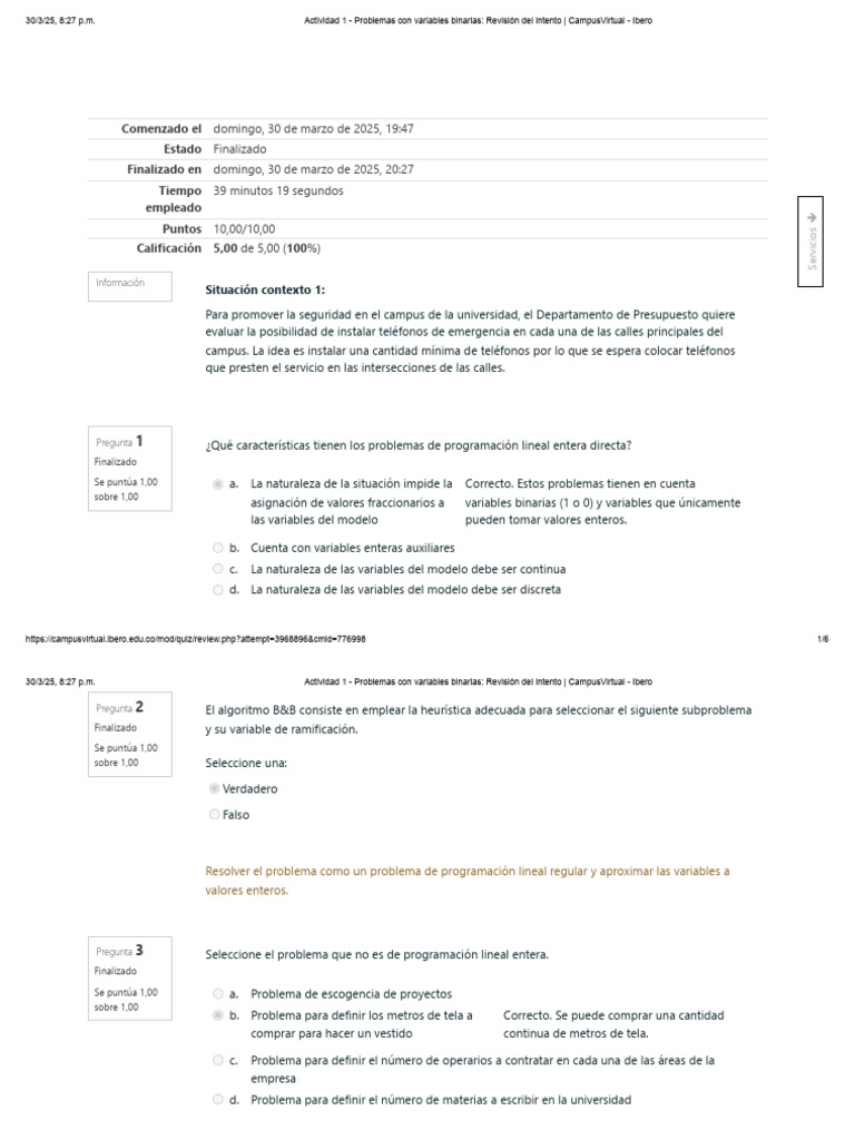 Actividad 1 - Problemas Con Variables Binarias - Revisión Del Intento - CampusVirtual - SS | PDF ...