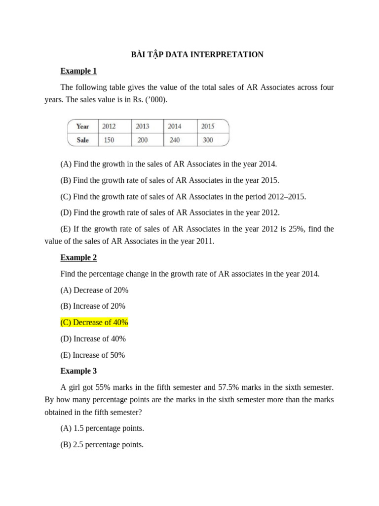 BÀI TẬP DATA INTERPRETATION | PDF | Percentage