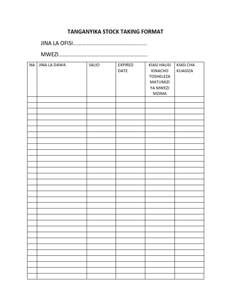Tanganyika Stock Taking Format | PDF