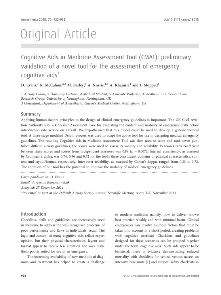 Anaesthesia - 2015 - Evans - Cognitive Aids in Medicine Assessment Tool ...