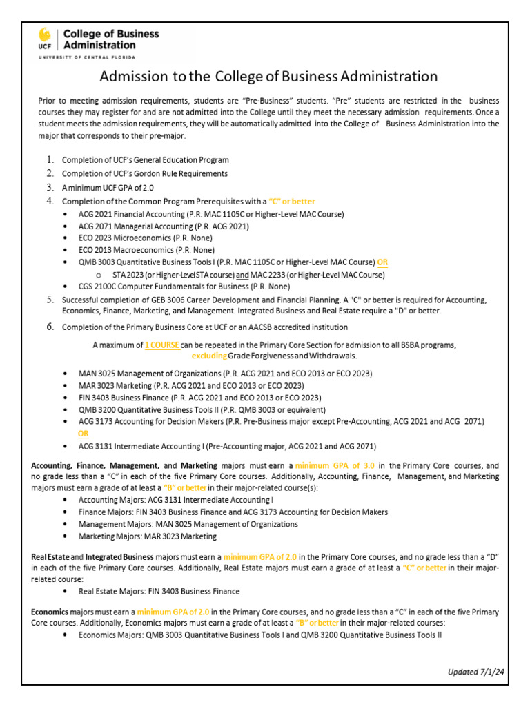 UCF Business Admission Requirements | PDF | Business | Economics