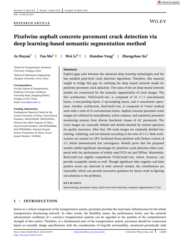 Structural Contr HLTH - 2022 - Huyan - Pixelwise Asphalt Concrete Pavement Crack Detection Via ...