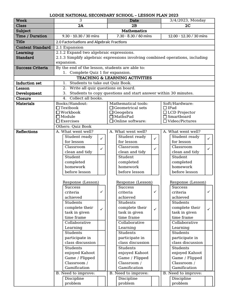 Mathematics Lesson Plans 2023 | PDF | Lesson Plan | Factorization