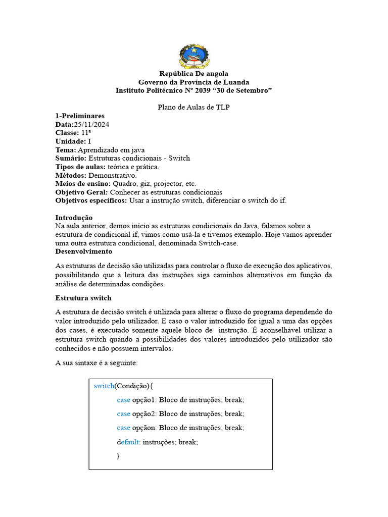 Aula 3 - Estruturas Condicionais em Java - Switch-1 | PDF | Java ...