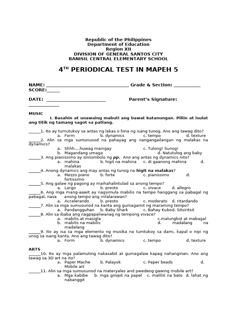 4th Periodical Exam Mapeh | PDF