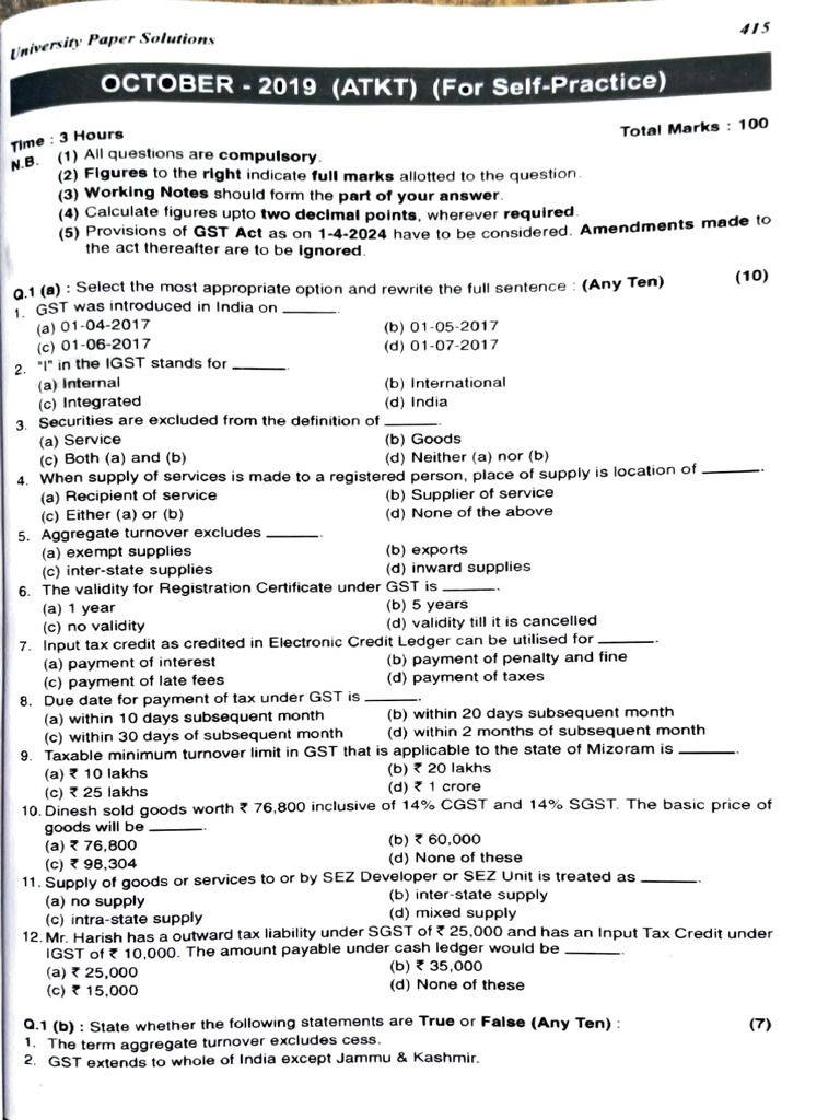 TY GST SEM VI October 2019 ATKT Paper | PDF | Value Added Tax | Taxes
