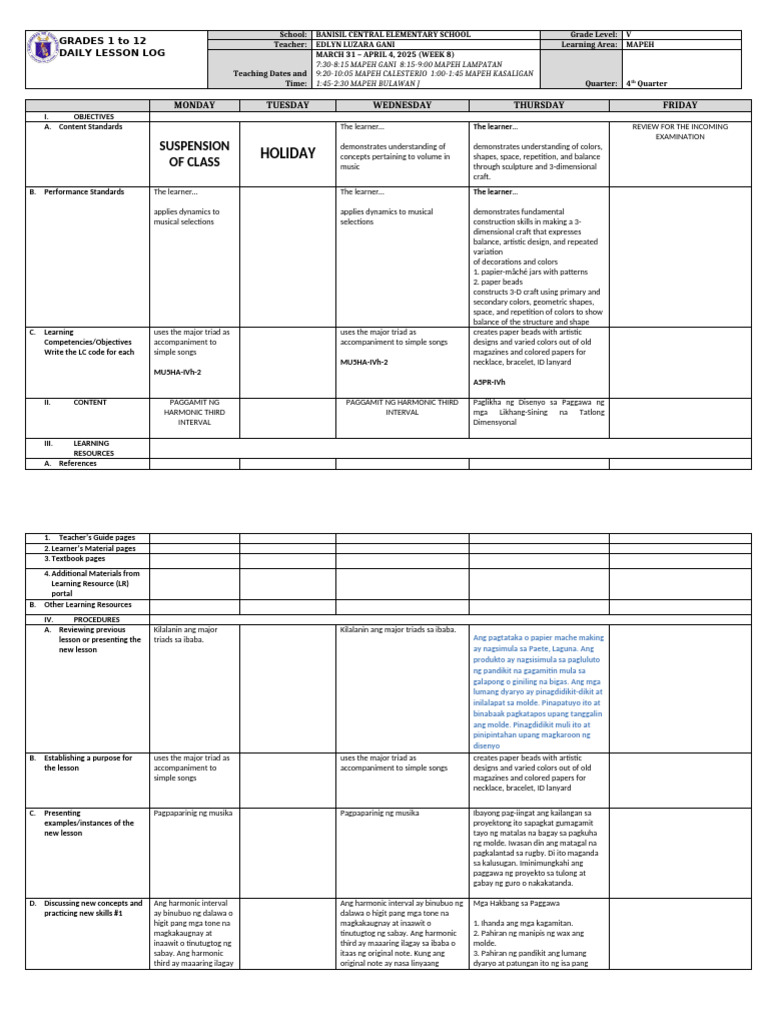 Grade 5 DLL MAPEH 5 Q4 Week 8 | PDF