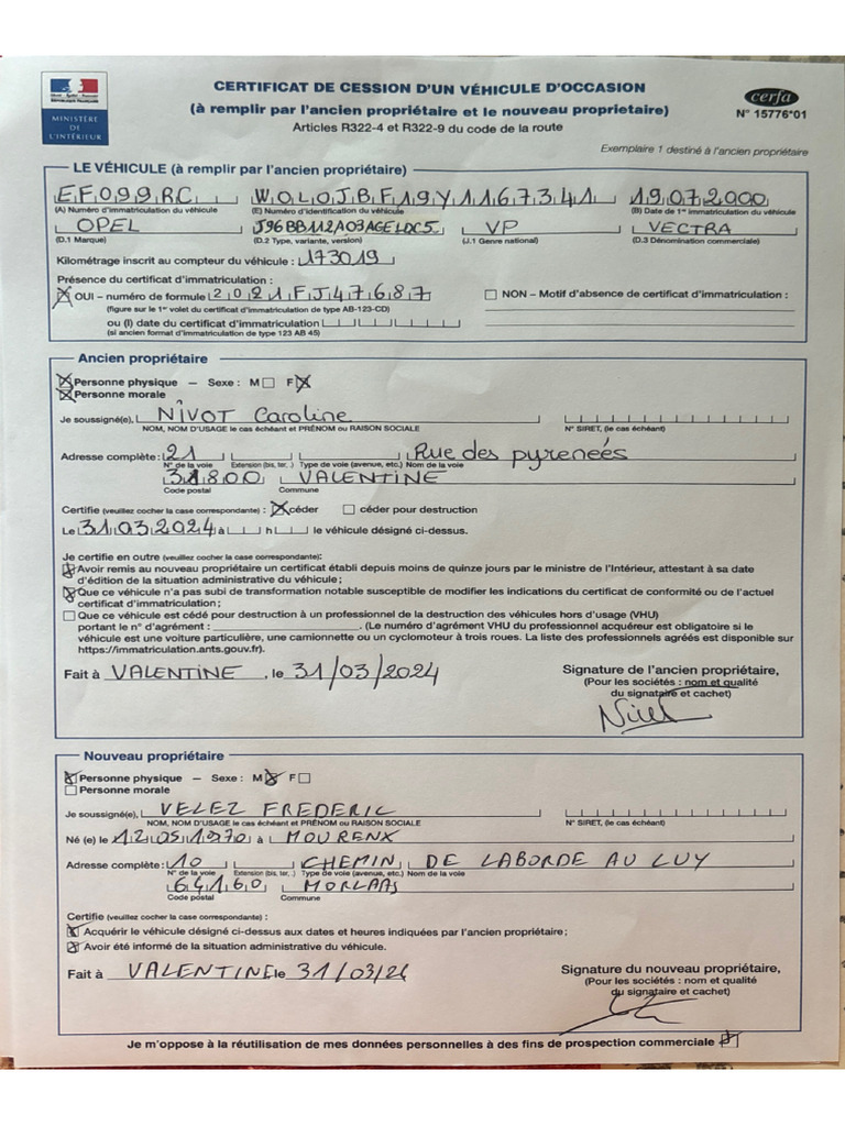 Certificat de Cession Opel | PDF