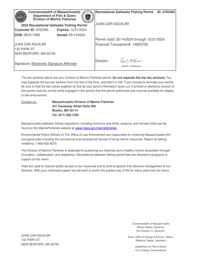 2024 Massachusetts Saltwater Fishing Permit | PDF | Massachusetts | Fishery