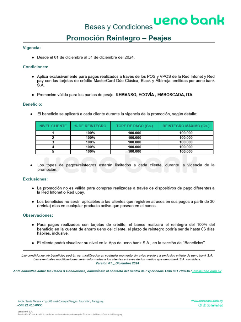 Reintegro 100% en Peajes con Ueno Bank | PDF | Bancario | Servicios ...