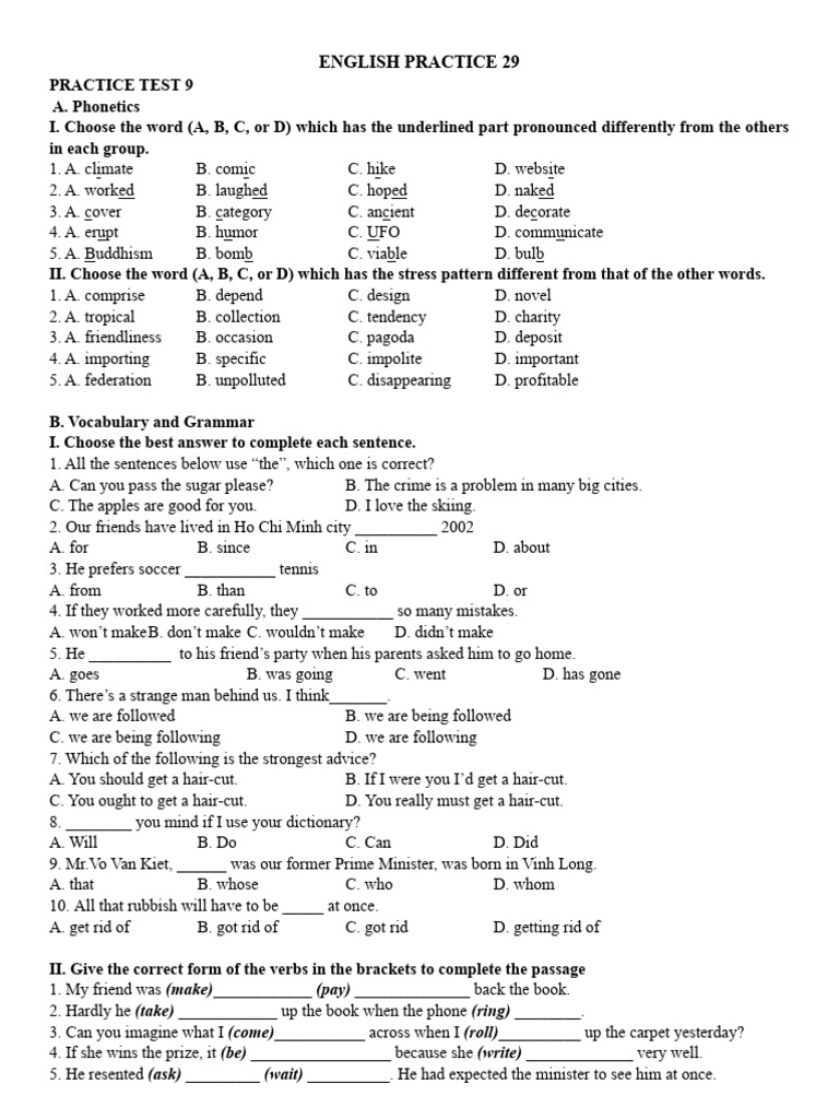 English Practice Test 9: Phonetics & Grammar | PDF | Nobel Prize ...