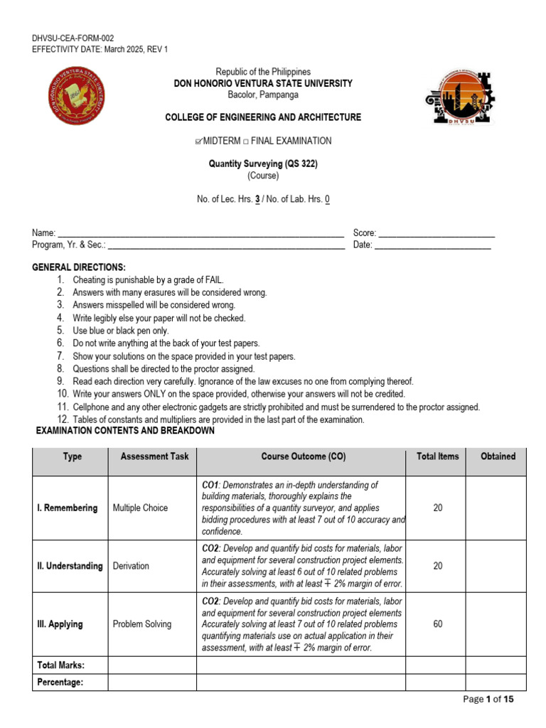 DHVSU CEA FORM 002 QS322 Midterm Exam FOR PRINTING Rev02 | PDF | Concrete | Reinforced Concrete