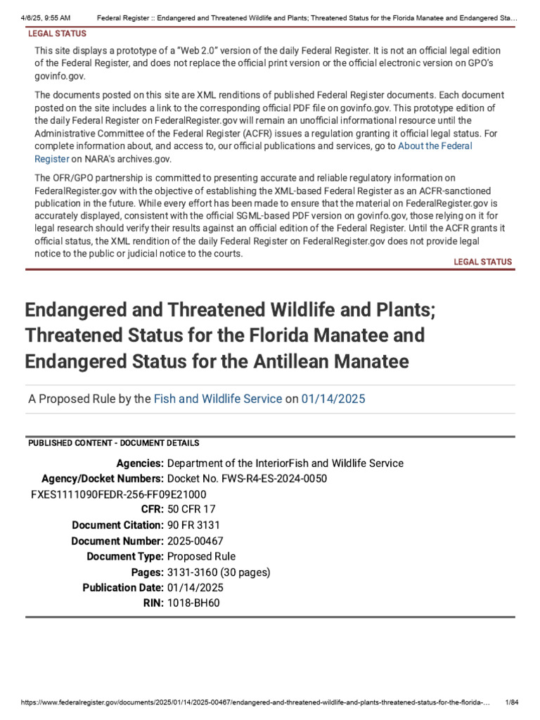 Florida Manatee Endangered Status Update | PDF | Federal Register ...