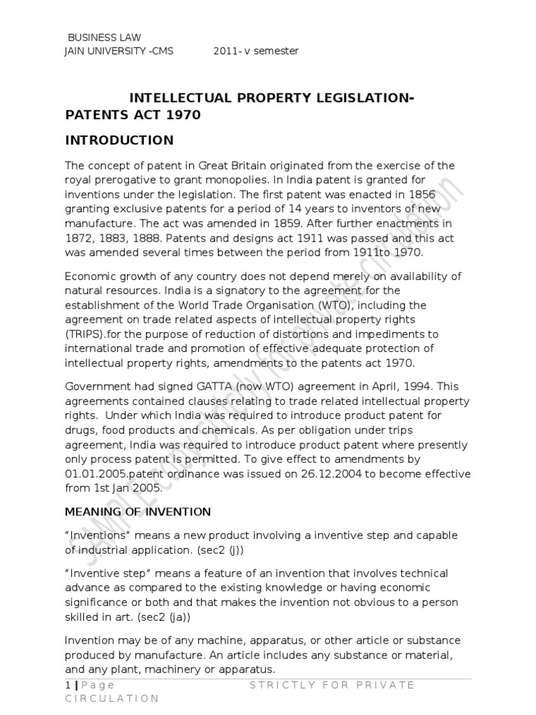 Patent Legislation in India: An Overview of the Patents Act of 1970 | PDF | Glossary Of Patent ...
