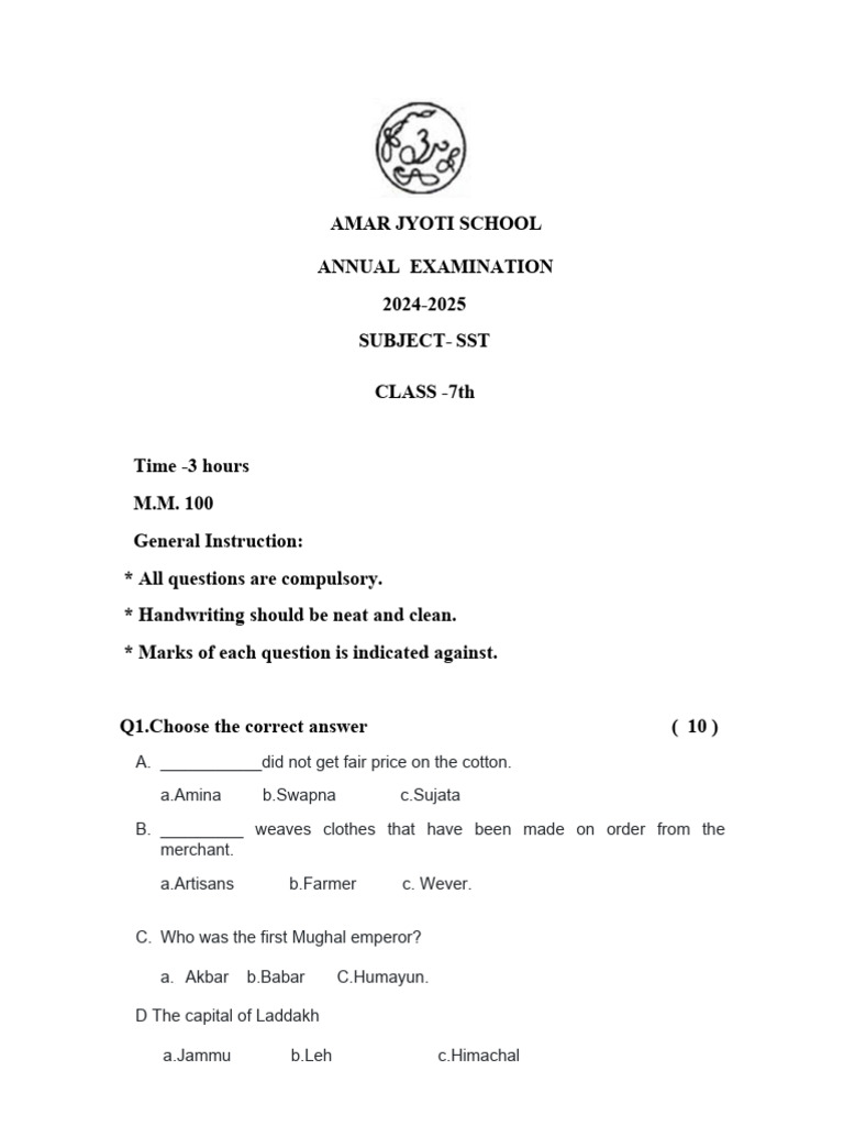 SST Class 7 HALF YEARLY ENGLISH 8.1.25 | PDF