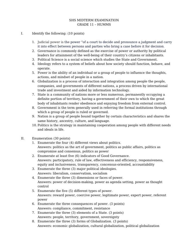 Shs Midterm Examination Grade 11 - Humms-Key To Corrections | PDF ...