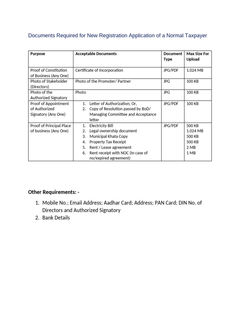 Documents Required For New Registration Application of A Normal Taxpayer | PDF