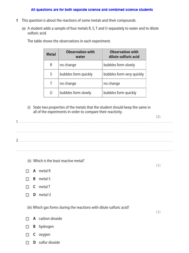 Reactivity Series Question Paper | PDF | Chemistry | Chemical Elements