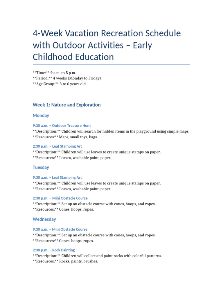 4 Week January Vacation Recreation Schedule | PDF