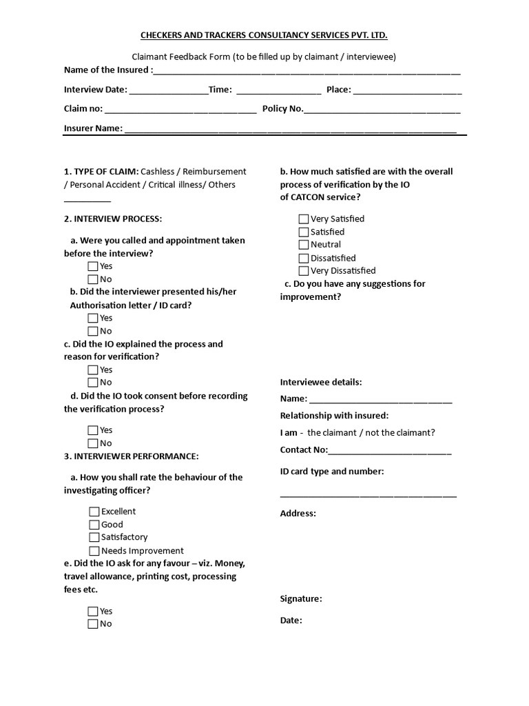 Claimant Feedback Form for Insurance Services | PDF