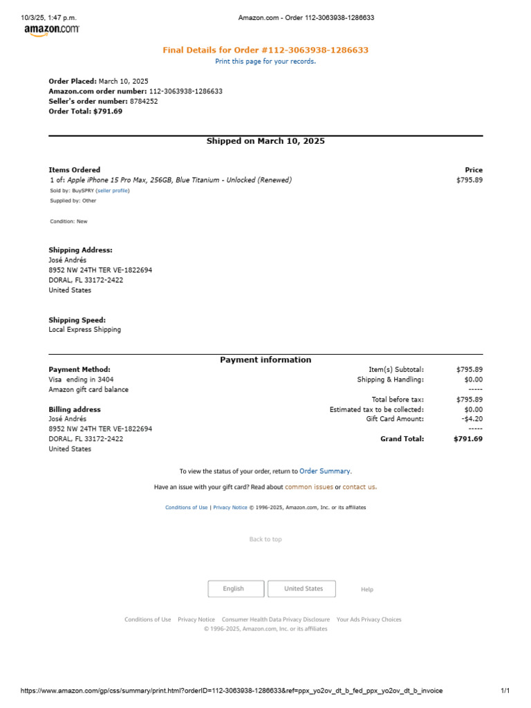 Amazon Order Summary for iPhone 15 Pro Max | PDF | I Phone | Apple Inc.