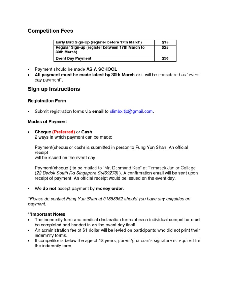 Competition Fees and Payment Instructions | PDF