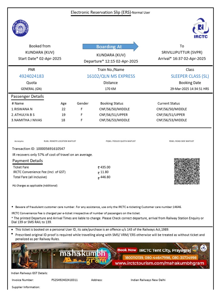 IRCTC Train Ticket Booking Details | PDF | Identity Document | Payments
