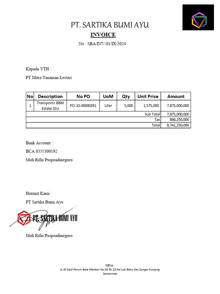 Invoice Transportir PT SBA | PDF
