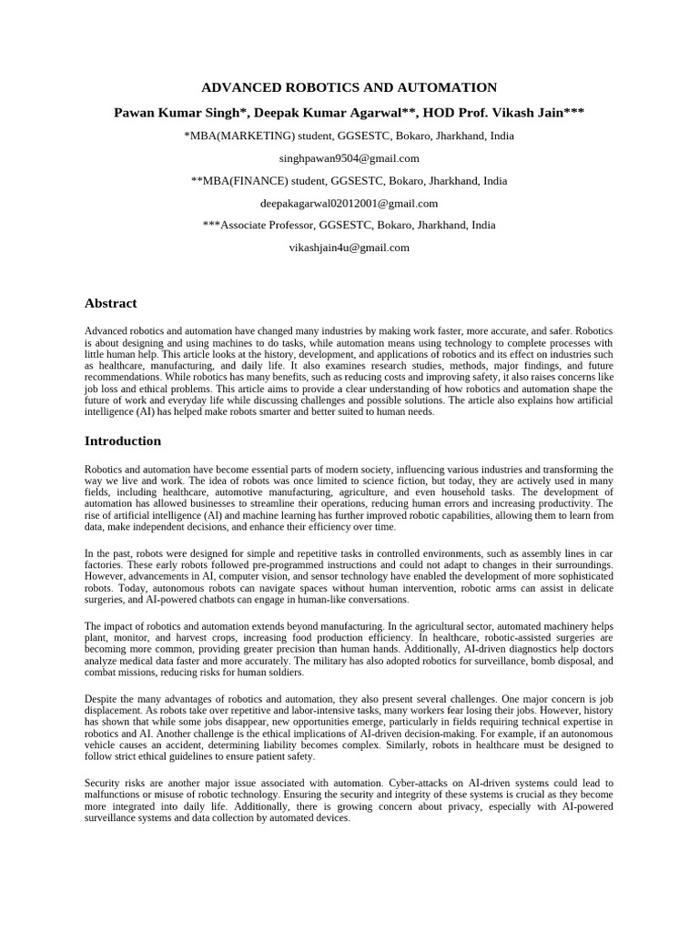Advanced Robotics and Automation | PDF | Automation | Artificial ...