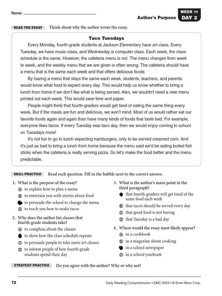 Author's Purpose: Taco Tuesdays Essay | PDF | Lunch | Foods