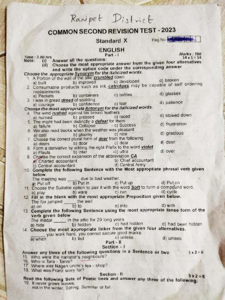10th English 2nd Revision Exam 2023 Original Question Paper Ranipet ...